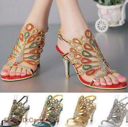 Women's Bling Peacock Rhinestone High Heel Wedding Bride Evening Sandal ...