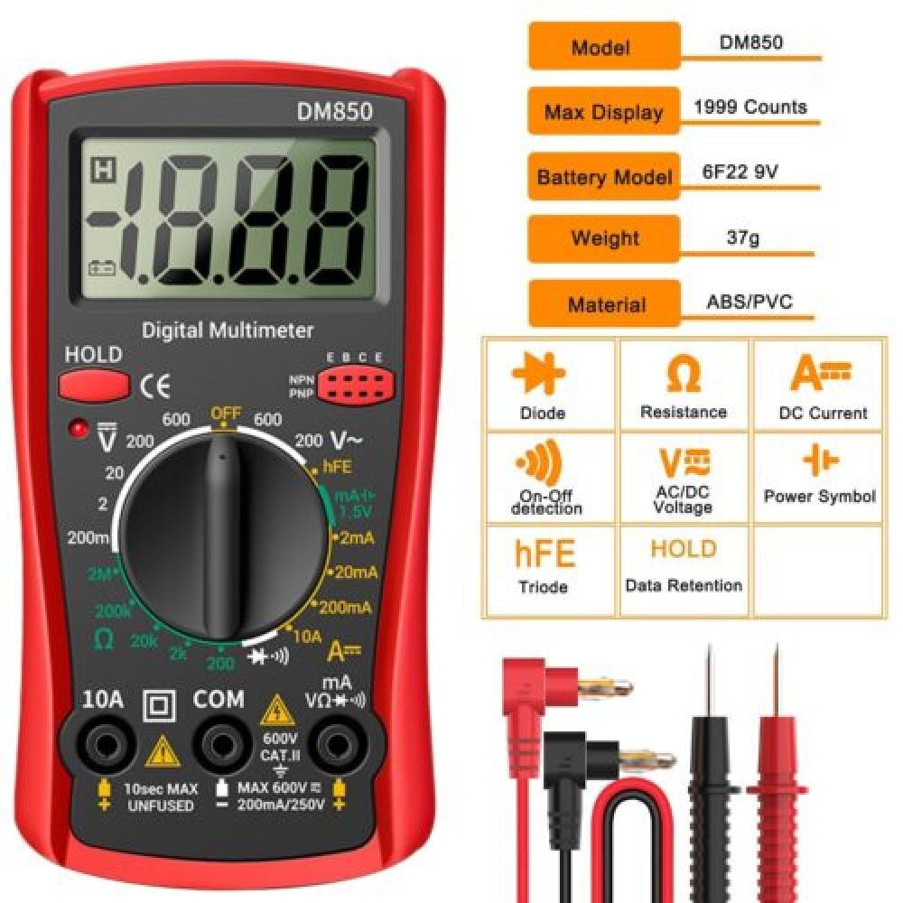 Digital Multimeter Voltmeter Ammeter Ohmmeter Volt AC DC Tester Leads ...