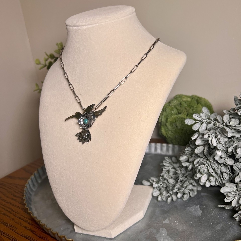 925 Sterling Silver & Turquoise Hummingbird Pendant With Floral Detail ...