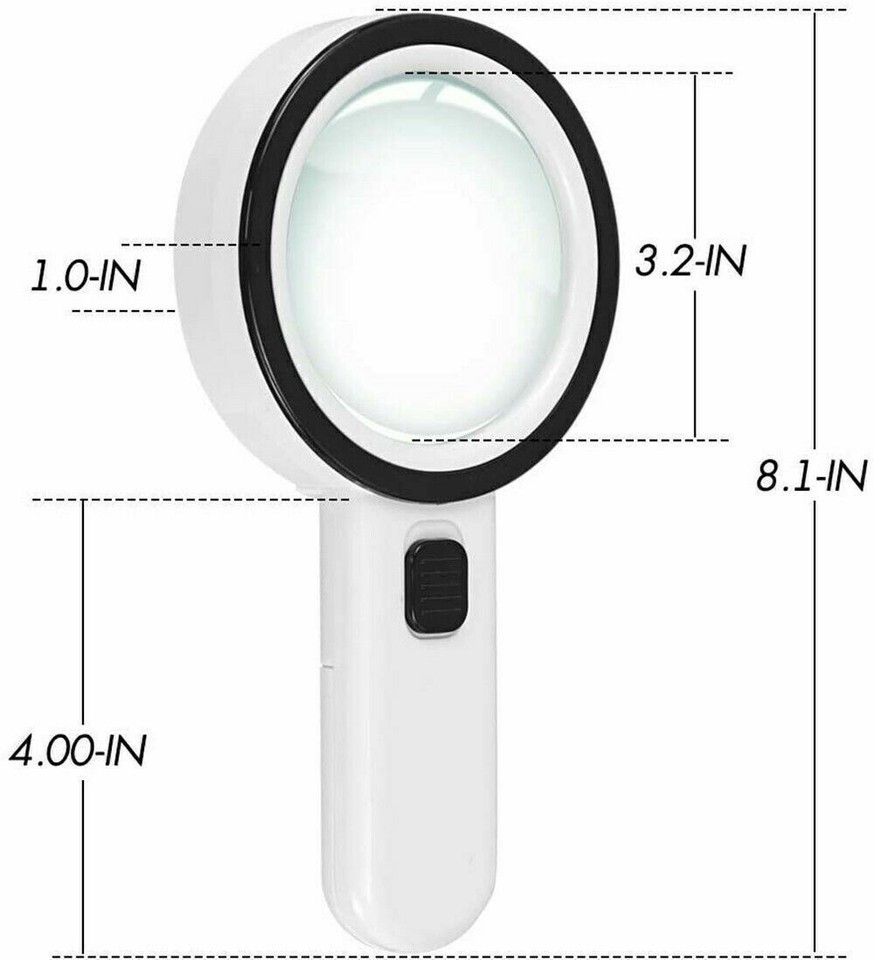 30X Jumbo Handheld Magnifying Glass w/ 12 Bright LED Light Illuminated ...