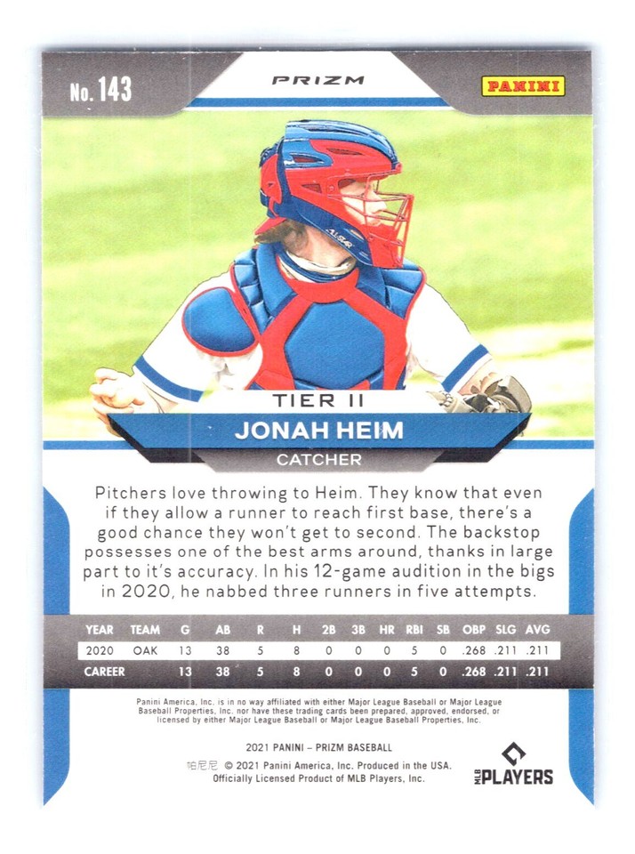 2021 Panini Prizm #143 Jonah Heim Rookie Red White & Blue Texas Rangers Mint | eBay