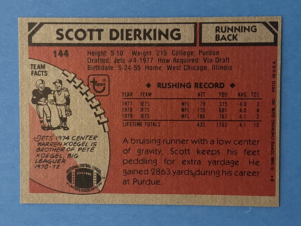 SCOTT DIERKING Signed 1980 Topps #144 NY Jets Purdue Boilermakers ...