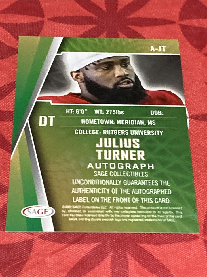 2022 Sage Julius Turner Rutgers Autograph Red Parallel Defensive Tackle ...