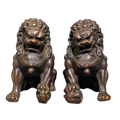 old Antique Classic Archaic Bronze lion pair Fu Foo Dog lions guard ...