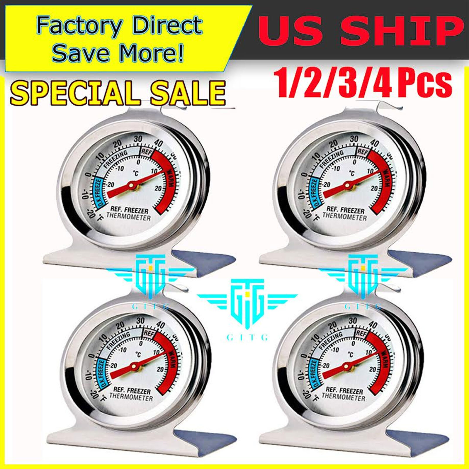 Refrigerator Freezer Thermometer Fridge DIAL Type Stainless Steel Hang ...