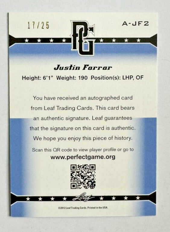 Justin Farrar 2013 Leaf Perfect Game Showcase RC AUTO Blue Texas State ...