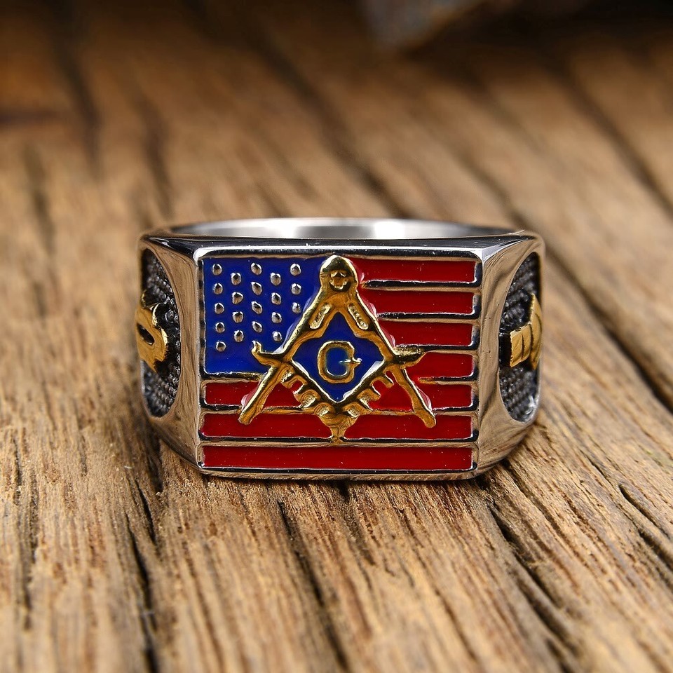 Men's Vintage USA Flag Masonic AG Ring Stainless Steel Biker Punk Ring ...