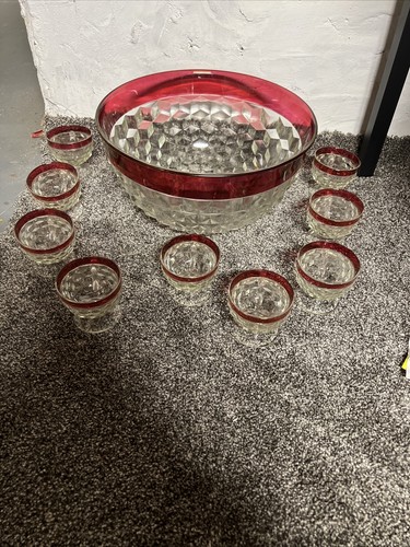Vintage Indiana Kings Crown Ruby Red Flash Cubist Punch Bowl Set ...