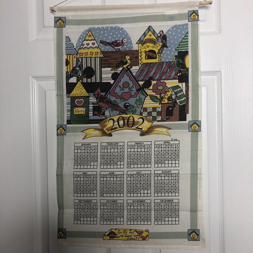 Vintage 2002 Linen Cloth Kitchen Calendar Wall Hanging Birds Birdhouses ...