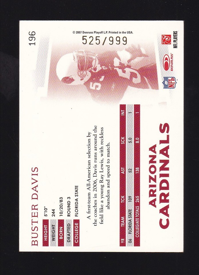 2007 Donruss Threads Buster Davis Rookie 525/999 #196 Arizona Cardinals ...