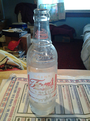 Vintage 1972 Tom's Soda Pop Bottle 10 oz ACL Embossed Advertising Man ...