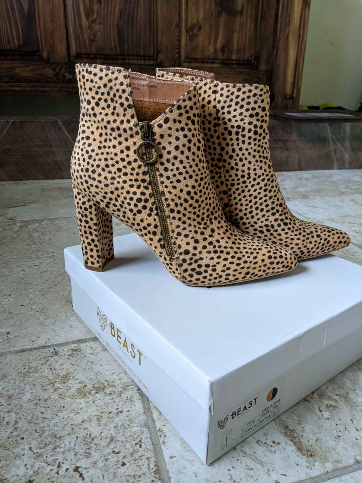 BEAST FASHION Hair Suede LEOPARD Zipper Heel Booties Black 11 pointed ...