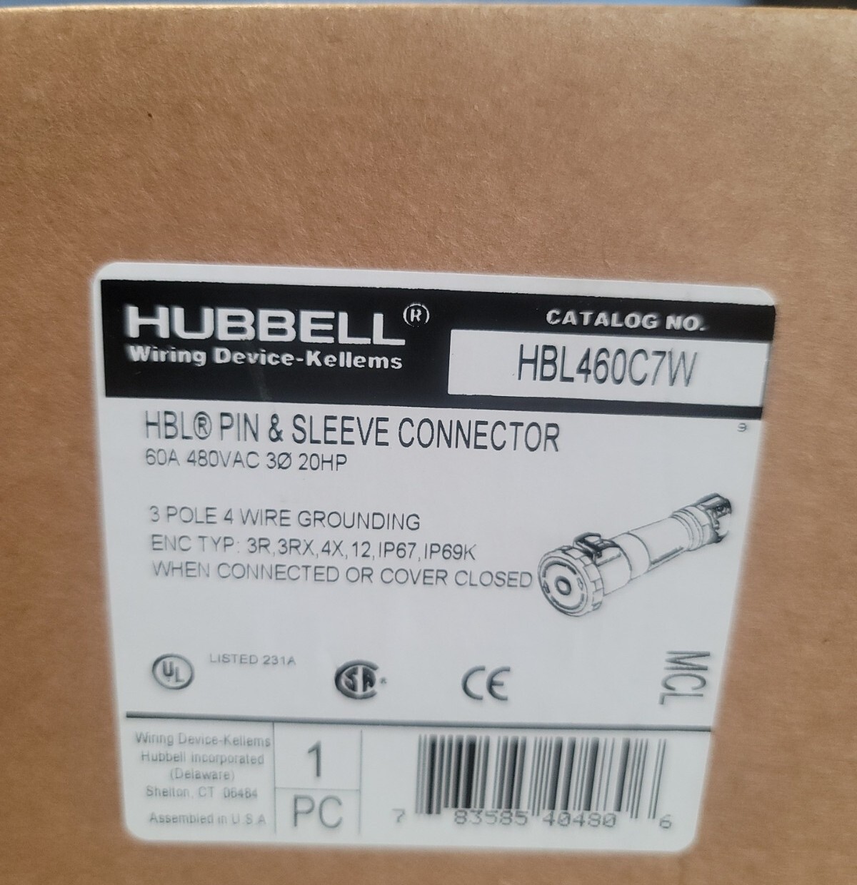 Hubbell 60A 480V 3P 4W Watertight Pin and Sleeve Connector (HBL460C7W ...