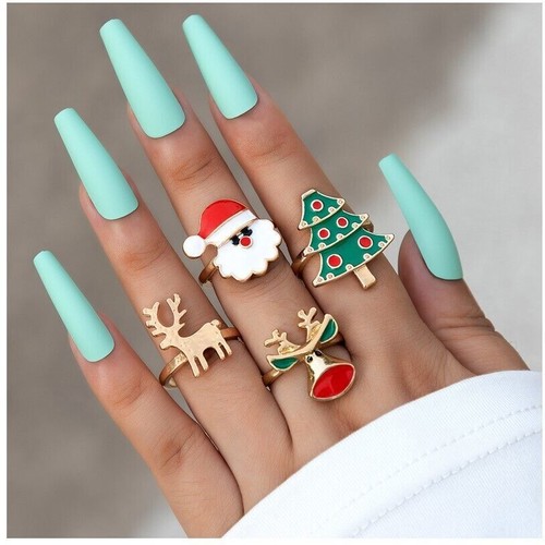 4pcs/sets Santa claus Christmas Tree Joint Ring Sets for Women Oil Bell ...