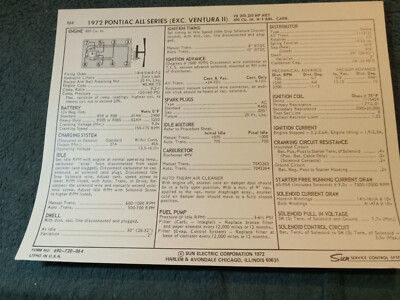1972 PONTIAC 400 V-8 ENGINE SUN TUNE-UP CHART / 4BBL CARB | eBay