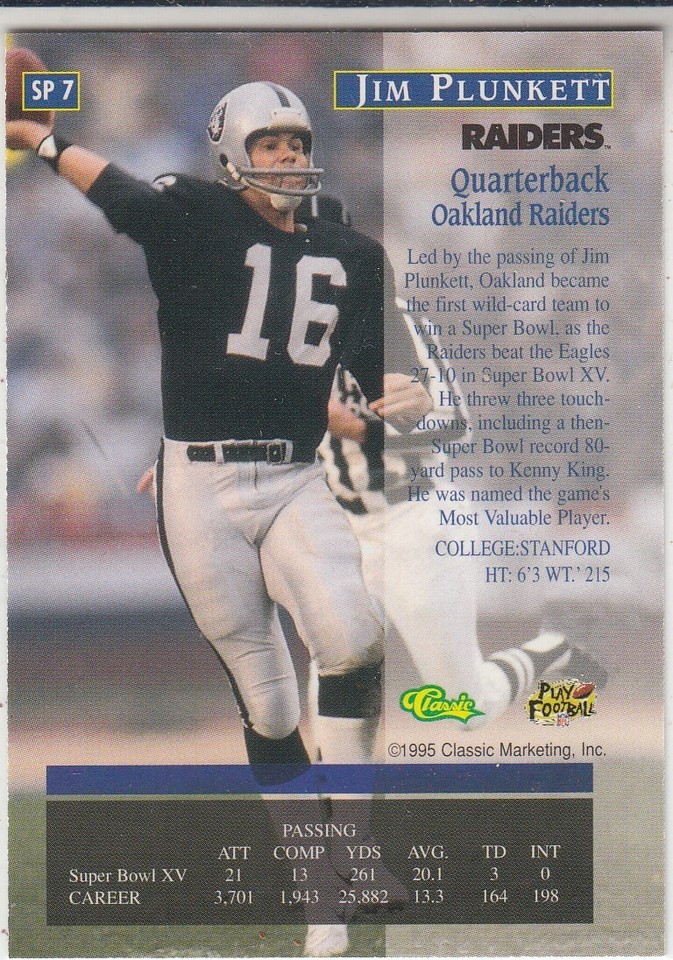 JIM PLUNKETT 1996 Classic SP Autograph #SP7 Raiders | eBay