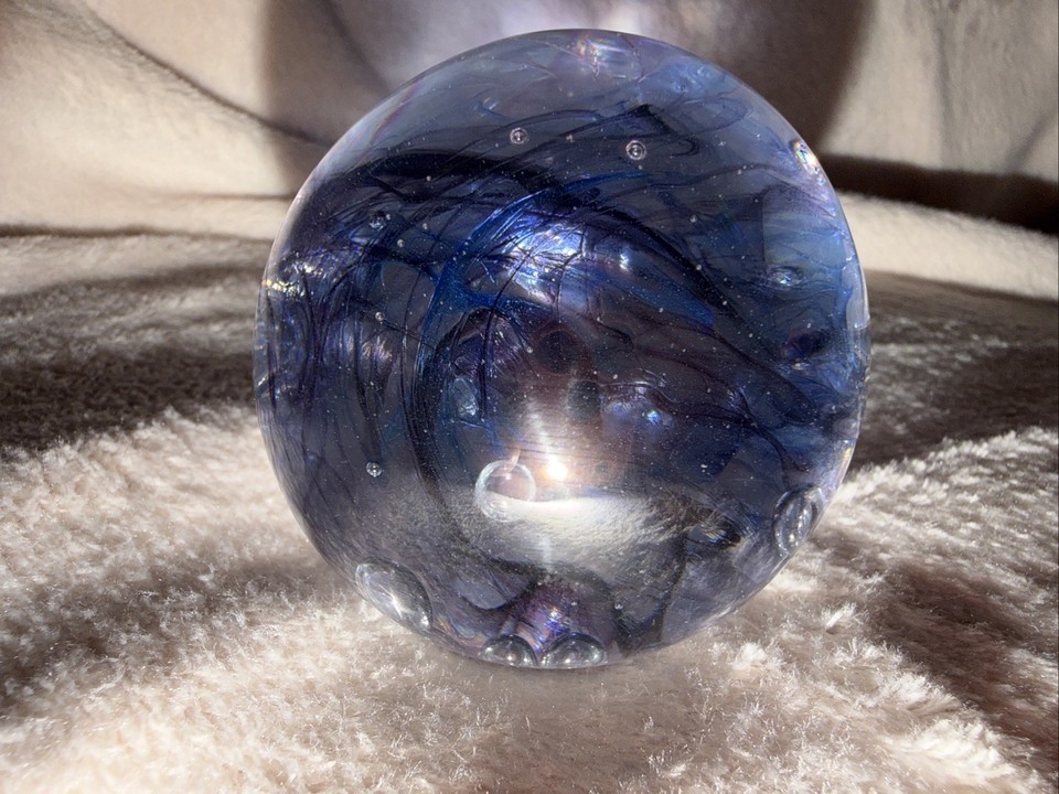 Hand Blown Studio Art Glass Paperweight Blue Purple Nebula Swirl | eBay UK