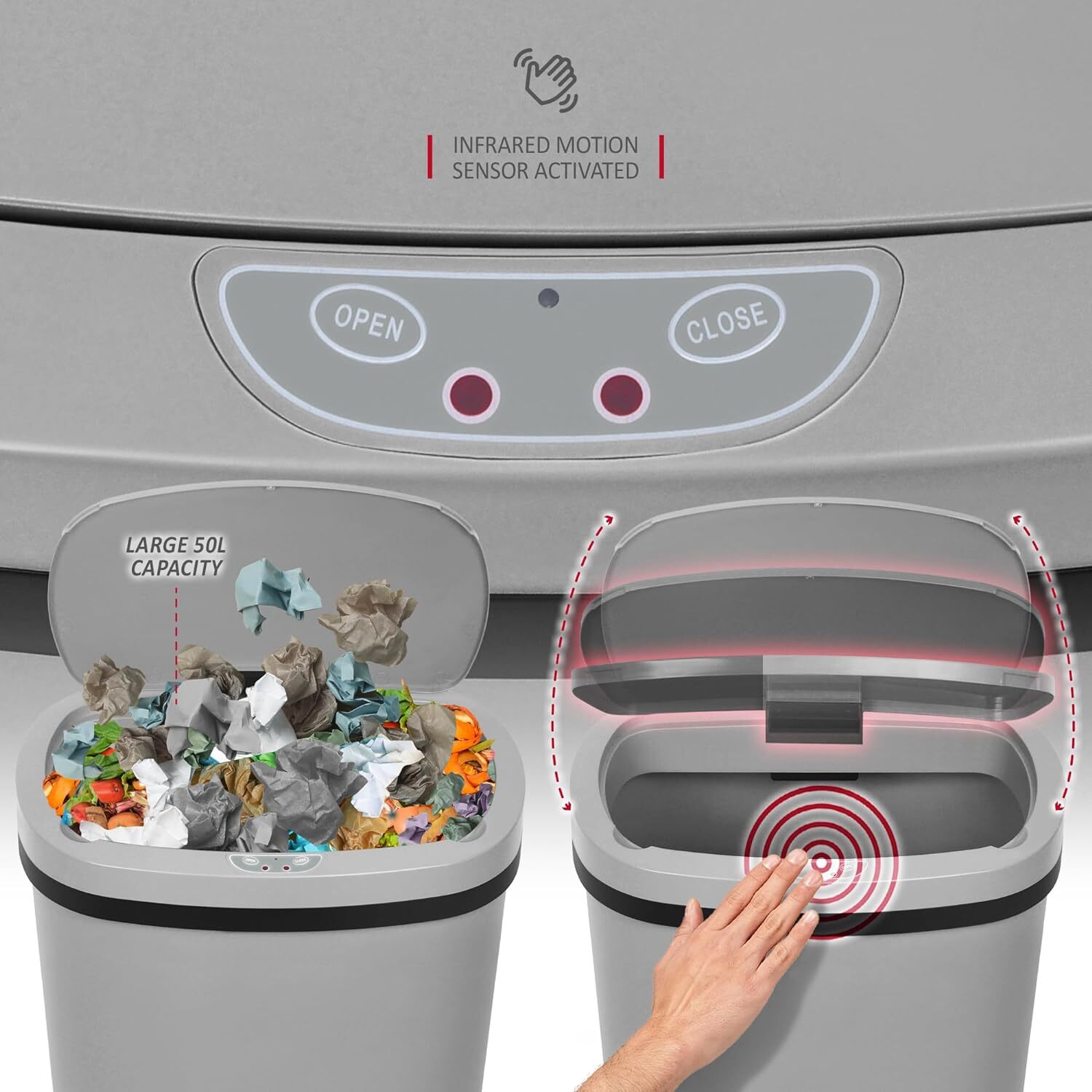 50L Kitchen Sensor Bin Automatic Motion Lid Plastic Waste Rubbish ...