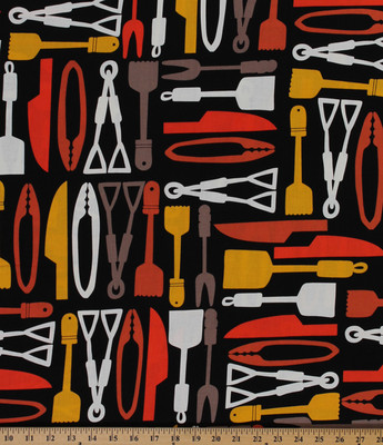 Cookin' Outdoors Grill Essential Utensils Cotton Fabric Print by Yard ...