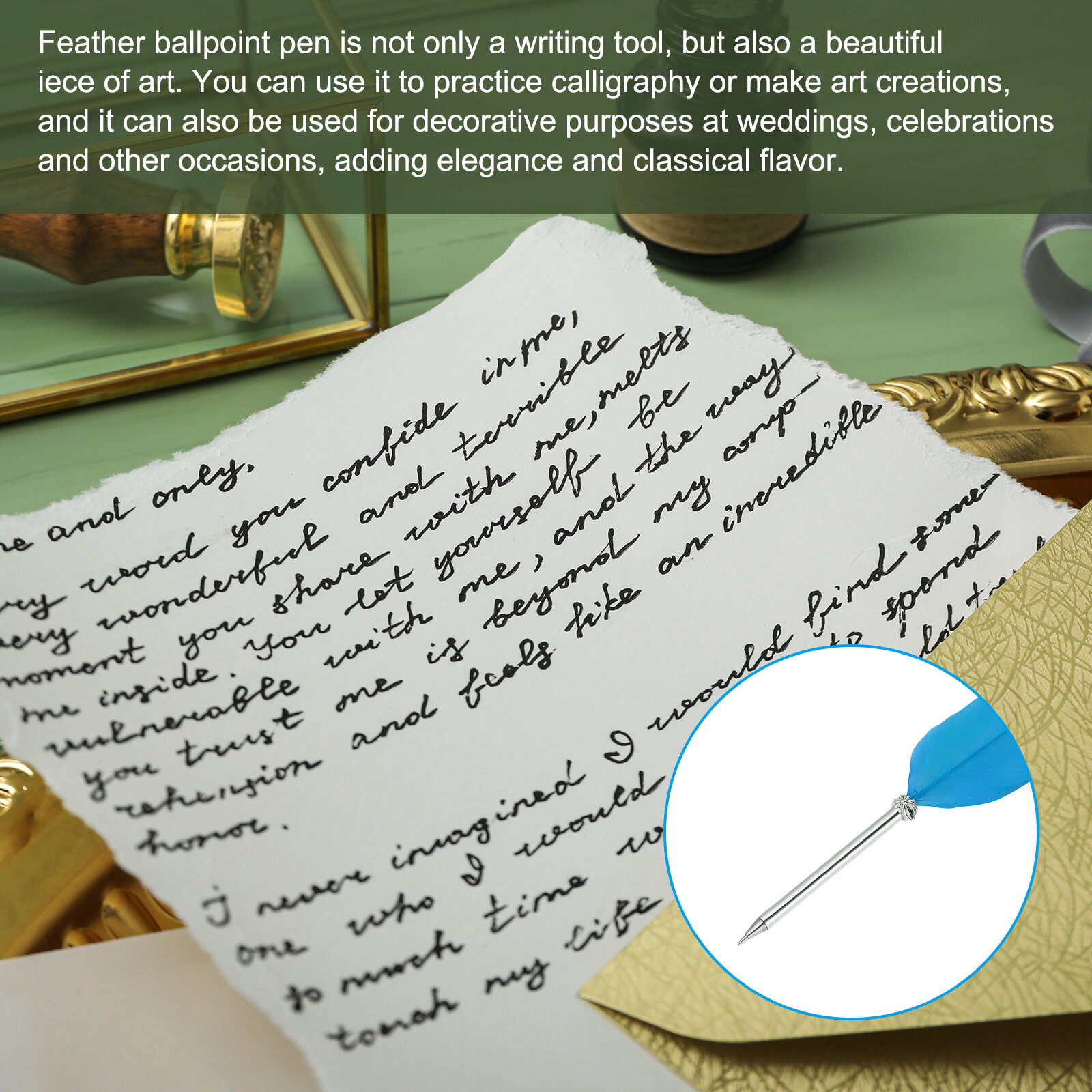 21cm/8" Feather Ballpoint Pen, 1Pcs Ink Vintage Quill Pen, Lake Blue | eBay