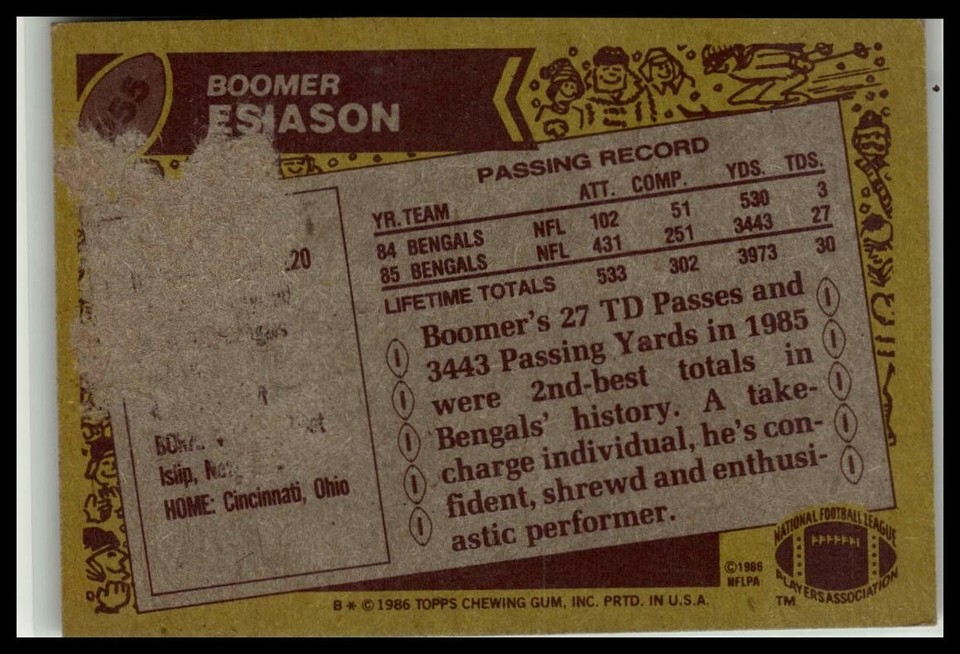 Boomer Esiason 1986 Topps #255 RC Cincinnati Bengals Card | eBay