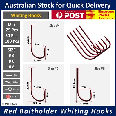 Trace Tackle Whiting Fishing Hooks - RED Baitholder Kirby - 25 / 50 ...