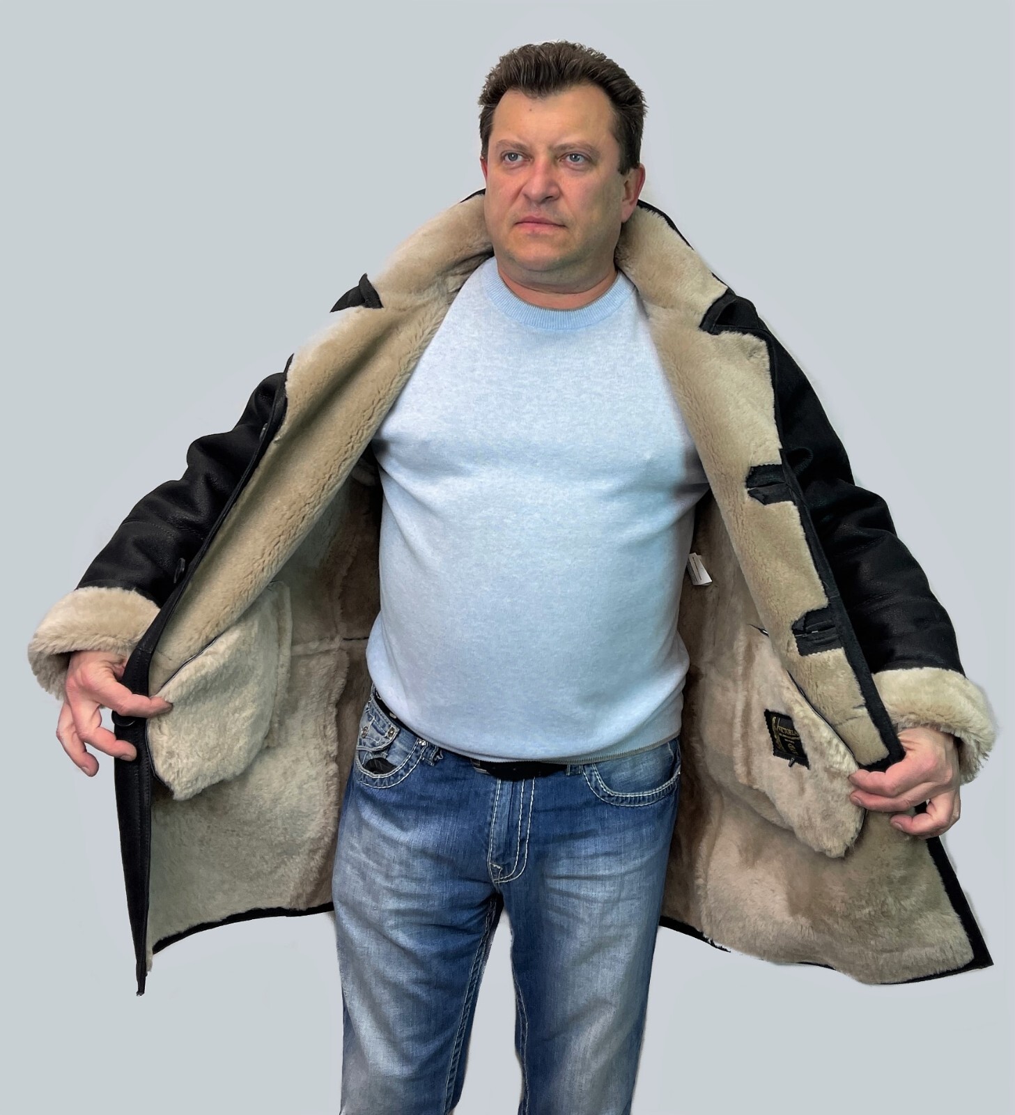 Men Black / Ivory 100% Real Sheepskin Shearling Leather Coat Jacket ...