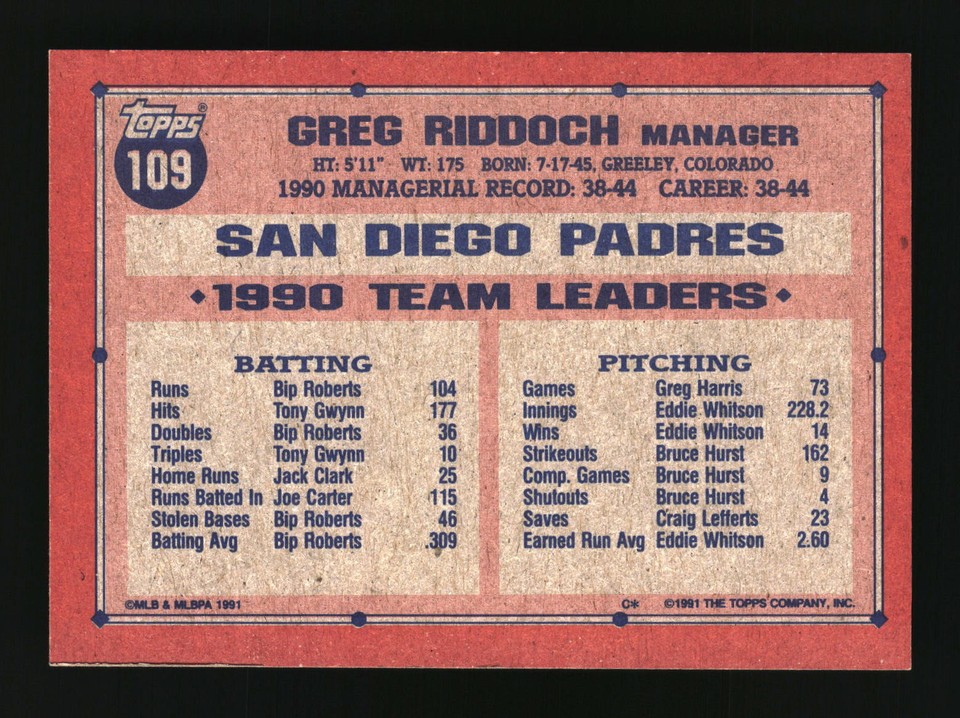 1991 Topps #109 Greg Riddoch Micro NM | eBay