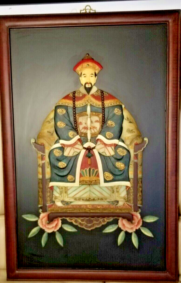 Pair Large Chinese Carved Hardstone Relief Emperor & Empress Portraits ...