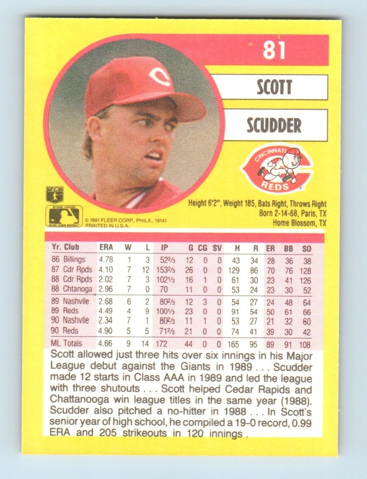1991 Fleer Scott Scudder Cincinnati Reds #81A | eBay