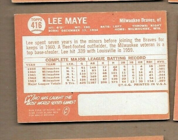 Topps 1964 #416 Lee Maye | eBay