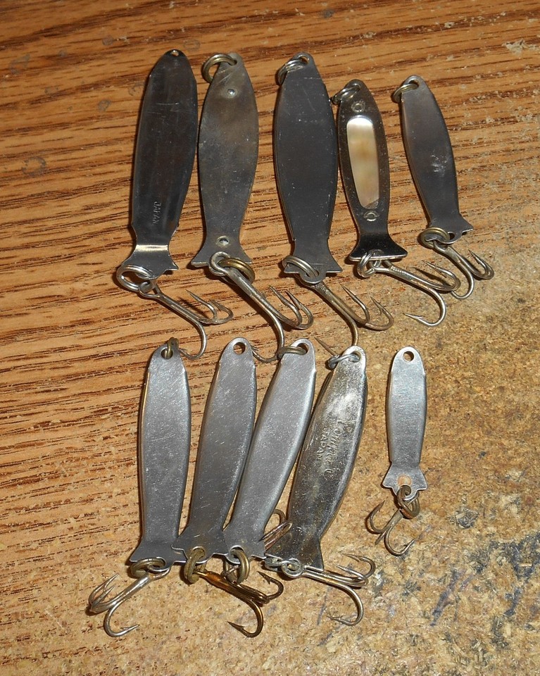 VINTAGE MOTHER OF PEARL ABALONE FISH SHAPED SPOON LOT/10 LURES/TOUGH ...