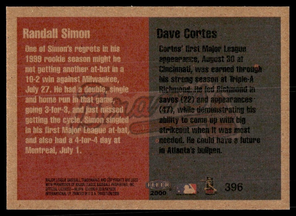 2000 Fleer Tradition Randall Simon/David Cortes Rookie Atlanta Braves ...