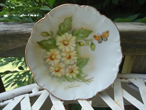 Hand Painted Floral Butterfly Catch All Ring Dish Signed Gold Detail ...