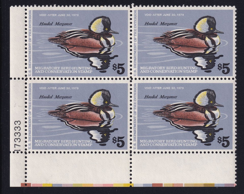 1978 Federal Duck Hunting Stamp Sc RW45 plate block $5 Hooded Merganser ...