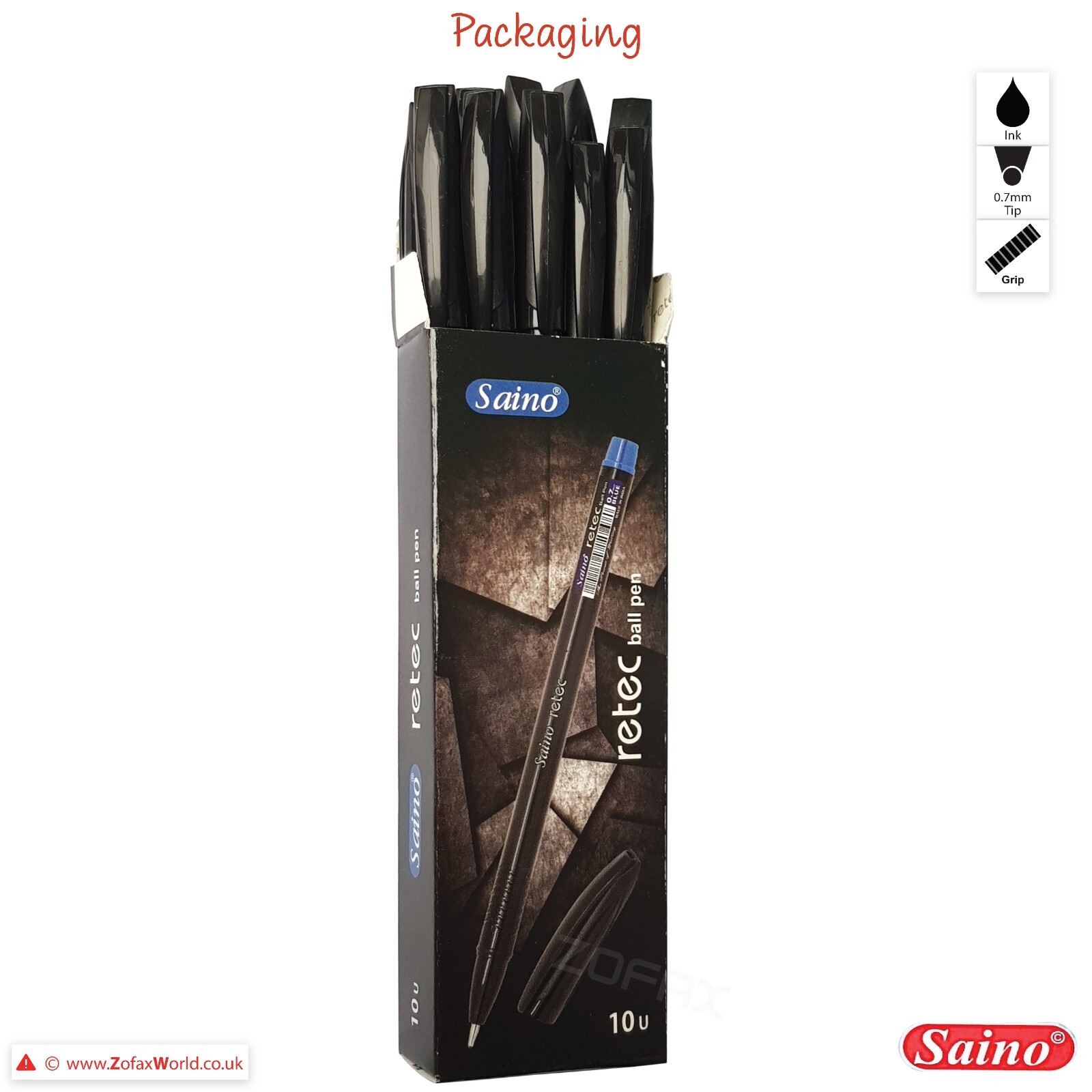 10 x 0.7mm Tip SAINO Retec BLACK Smooth Ballpoint Pens Fine Writing ...