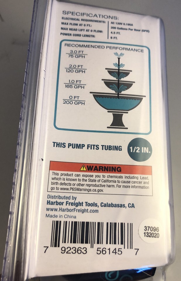 CreekStone Submersible Fountain Pump 200 GPH 4.5 ft Max Head Lift 56145 ...