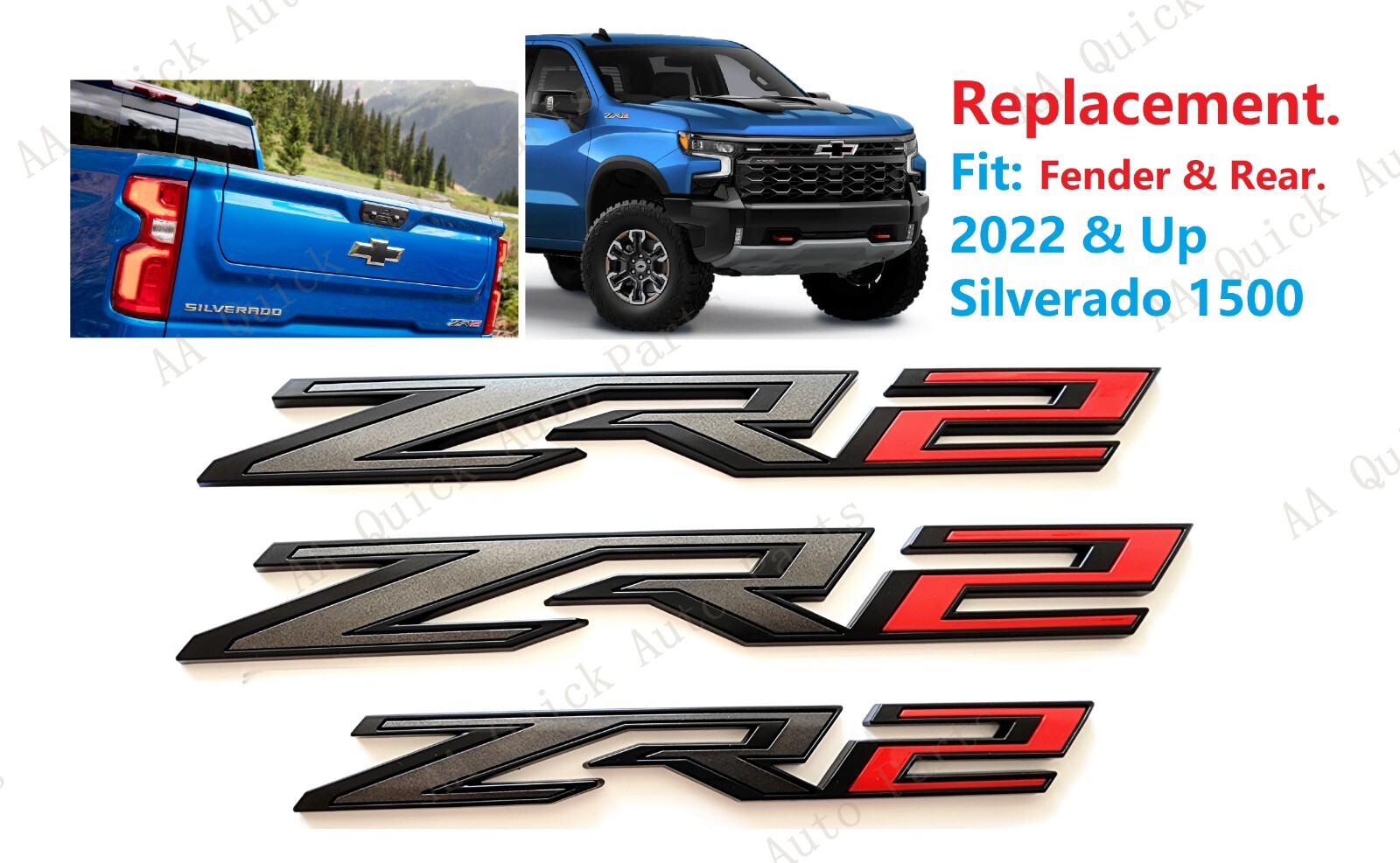 3PCS Matte Black Red Fender Rear ZR2 Emblem Badge 2022-2026 Chevy ...