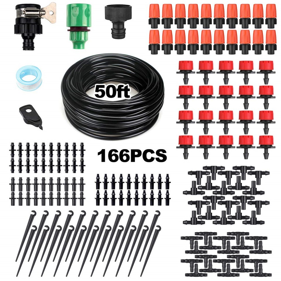 166x 15M/50FT DIY Drip Irrigation Kit System Hose Drippers Garden Plant ...