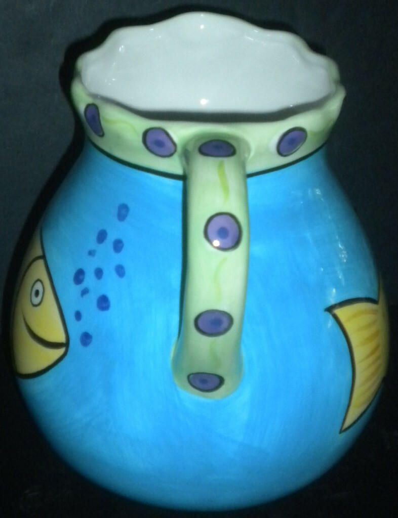 Yellow Fish Water Pitcher Blue Ceramic Green Handle Purple Dots Hausen ...