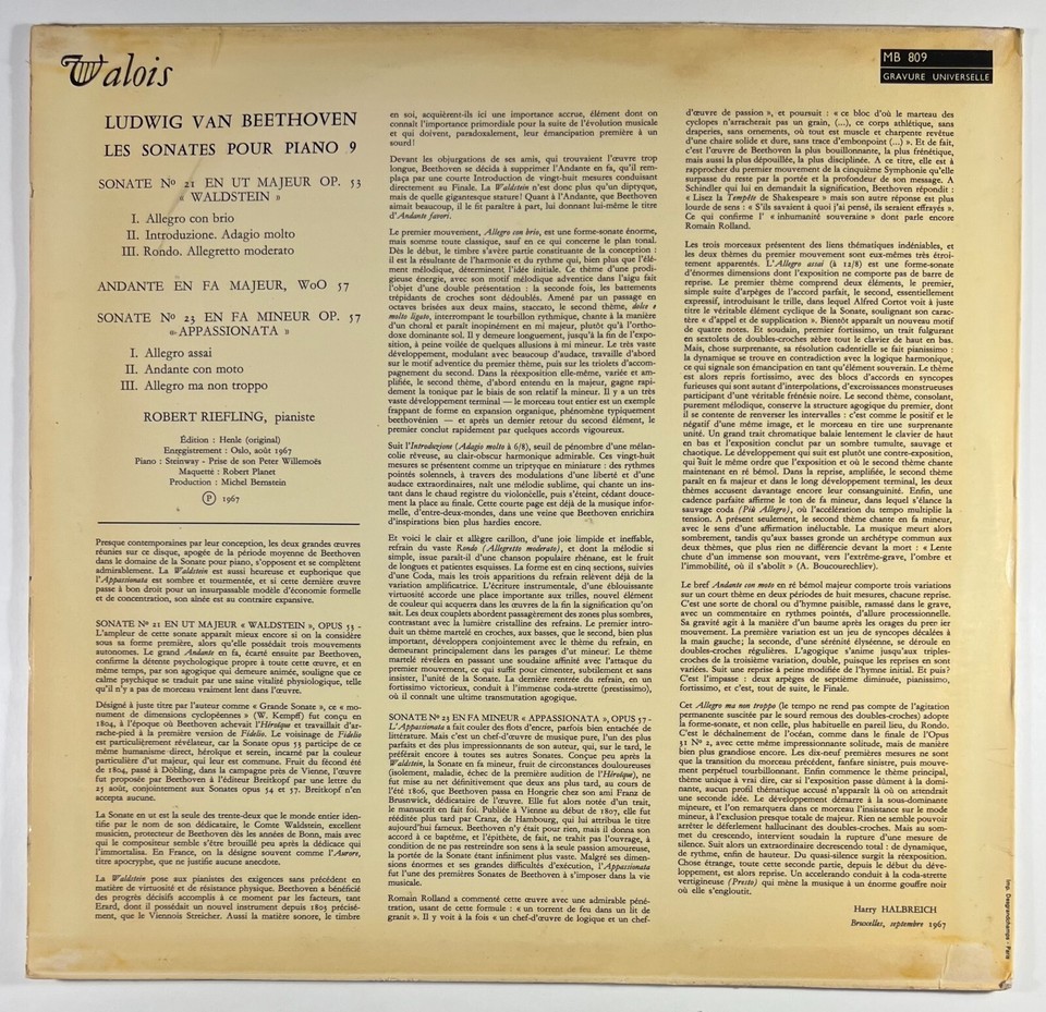 Beethoven : Les Sonates pour piano - Robert Riefling LP 33 rpm VALOIS ...