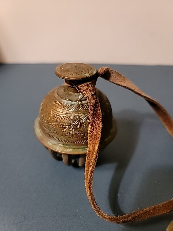 Antique 3 Solid Brass Elephant Claw Bells w/ Clappers On Leather Strap ...