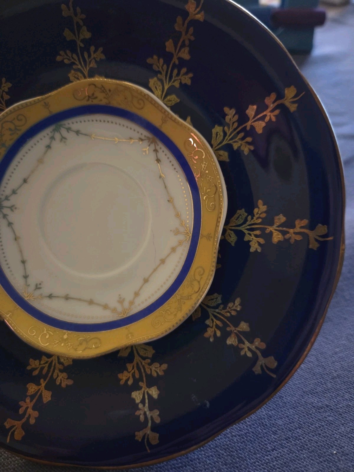 Antique Upcycled Saucer Yard Ornament Blue With Gold Trim Garden Decor ...