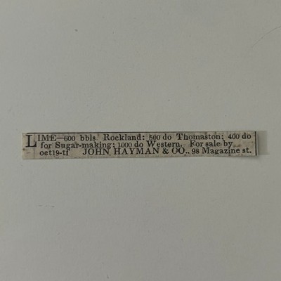 Lime For Sale John Hayman & Co Magazine St 1852 New Orleans Clipping ...