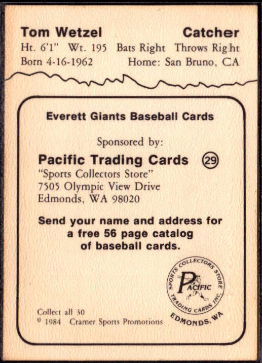 1984 Cramer Pacific Everett Giants #29 Tom Wetzel | eBay