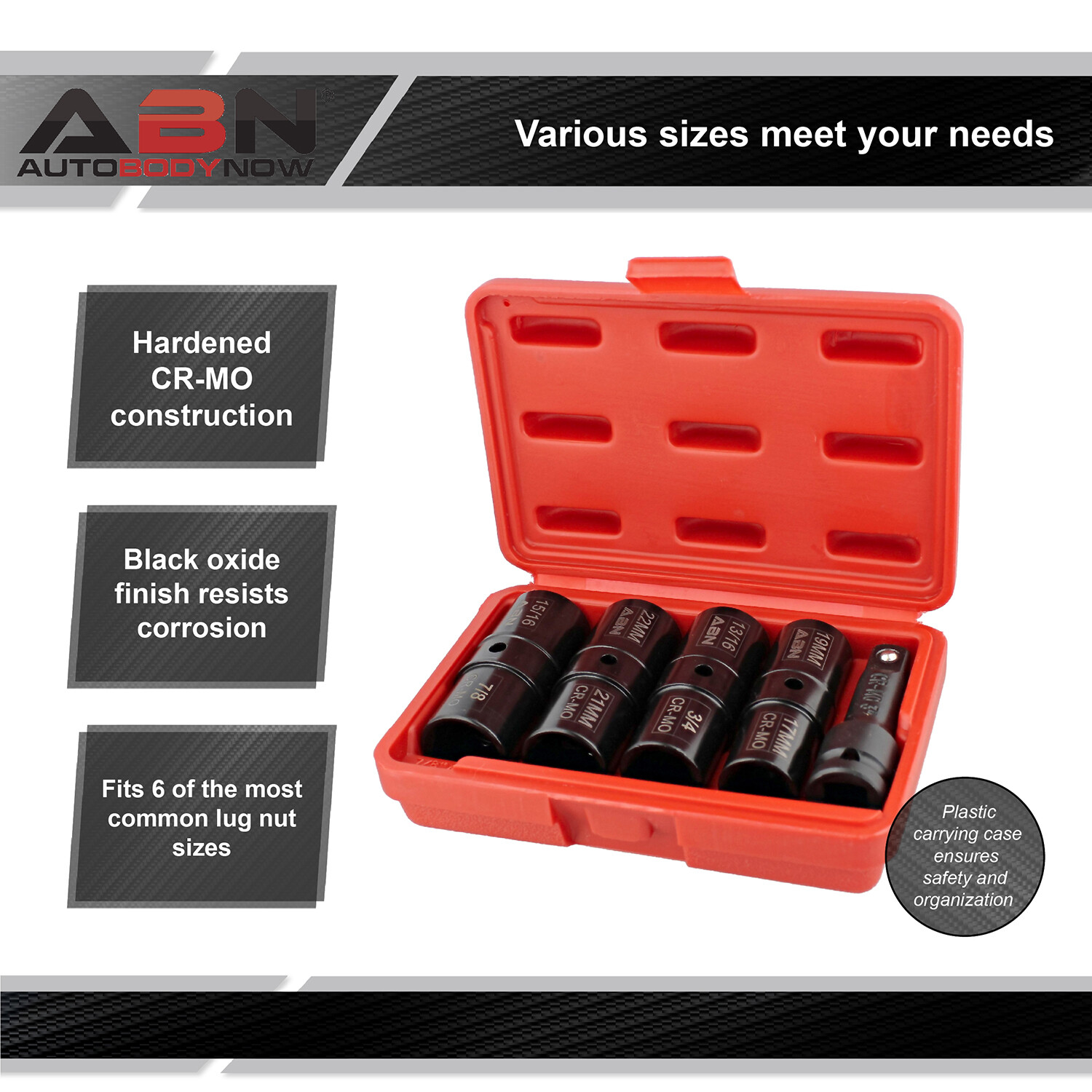 ABN Double Side Lug Nut Socket Set, 5Pc - 1/2-Inch Drive Flip Impact ...