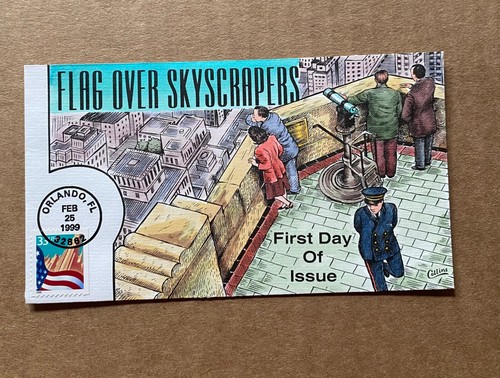 US FDC Collins Hand-Painted #3278 Flag over Skyscrapers 1999 Beautiful ...