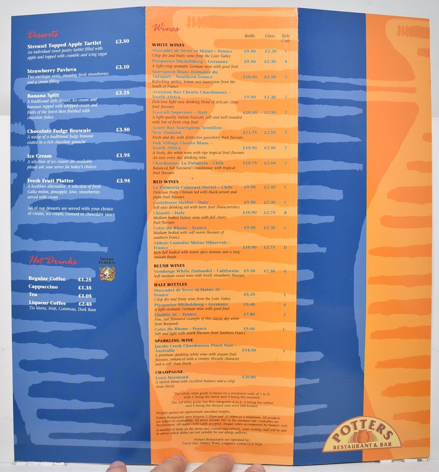 1990s Potters Restaurant Bar Menu Travel Inn Oakley Road Leagrave Luton ...