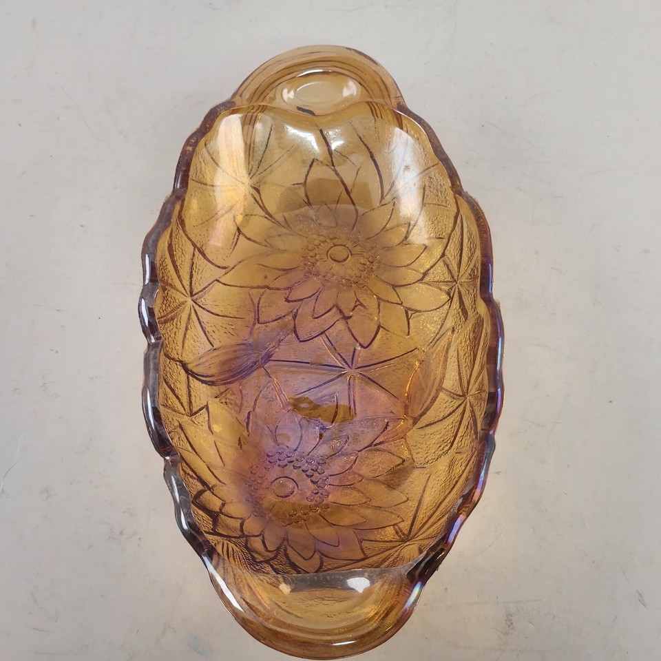Indiana Glass Celery Dish Sunflower Oval Candy Nut Closed Handles Amber ...