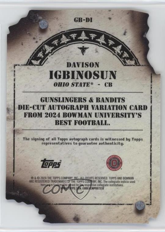 2024 Bowman U Gunslingers & Bandits Die-Cuts /100 Davison Igbinosun #GB ...